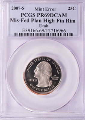 2007-S Utah State Quarter Mis-fed Planchet High Fin Rim PCGS PR 69 DCAM ...
